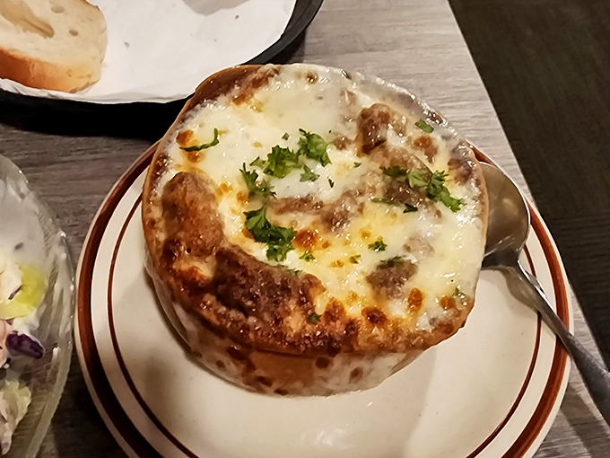 French onion soup that's achieved the perfect cheese-to-broth ratio &ndash; the holy grail of soup engineering that warms you from the inside out.