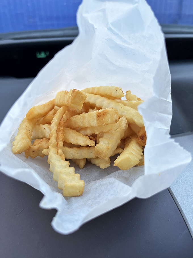 French fries so perfectly golden they deserve their own currency, nestled in paper like the simple treasures they are.