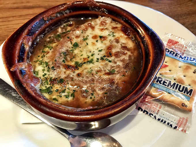 French onion soup that's essentially cheese performing a magic trick with bread and broth as willing assistants.