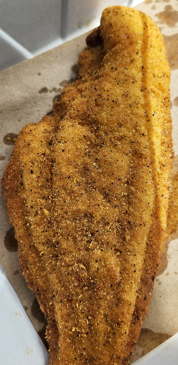 This isn't just fried catfish&mdash;it's cornmeal-crusted Southern poetry, crispy on the outside with that perfect peppery seasoning visible in every bite.