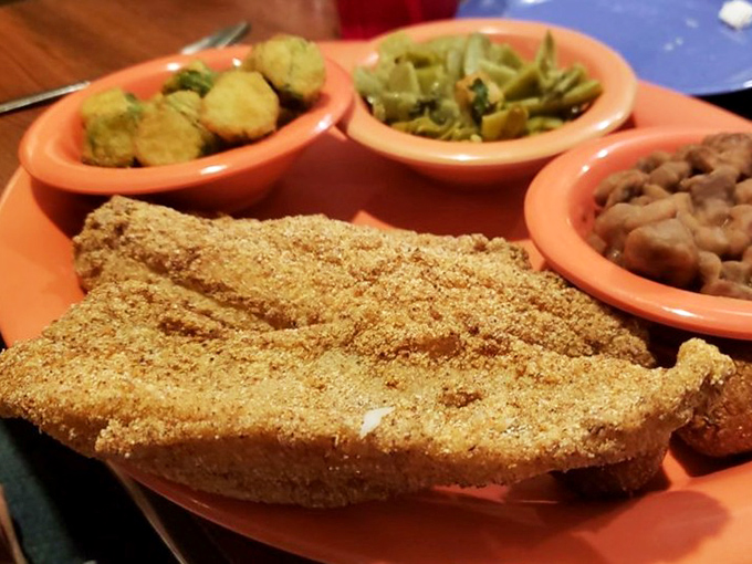 Southern-fried catfish with a cornmeal crust crunchier than walking on autumn leaves, accompanied by sides that understand their supporting role.