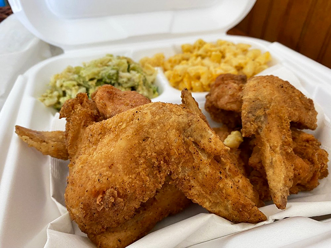 The holy trinity of Southern comfort: perfectly fried chicken, mac and cheese, and potatoes. A plate that feels like a warm hug.