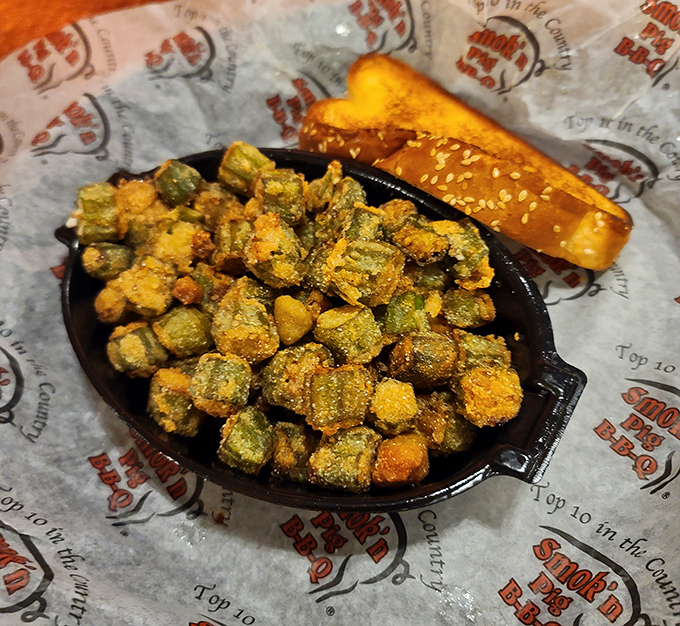 Southern fried okra &ndash; where vegetable meets vacation. That cornmeal coating transforms garden produce into something gloriously indulgent.