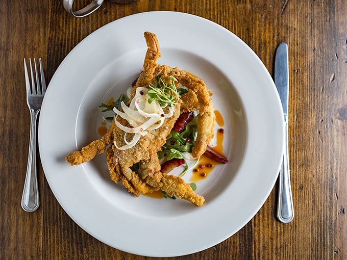 Soft-shell crab fried to crispy perfection &ndash; nature's way of saying "you can eat the whole thing" and Hudson's way of saying "you're welcome."