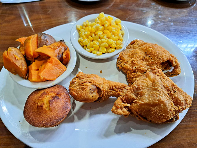 This fried chicken plate looks like what happens when comfort food goes to finishing school &ndash; refined but authentic.