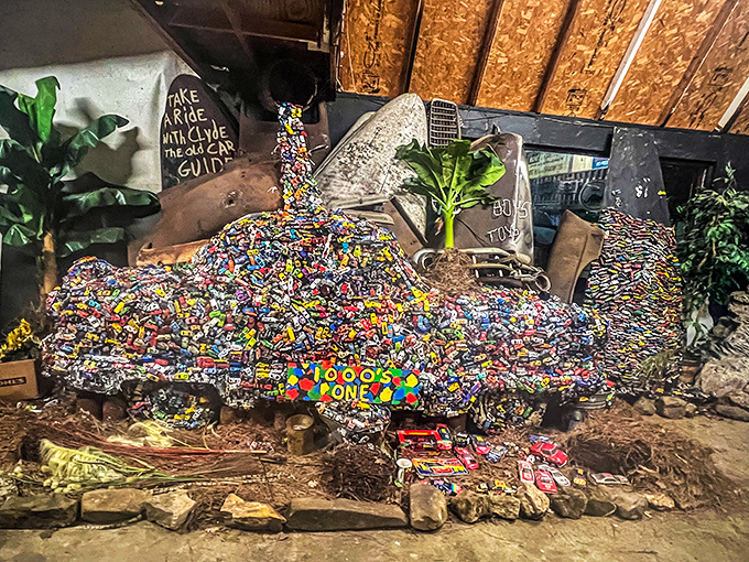 Talk about attention to detail! This car sculpture covered in miniature toys and trinkets is the ultimate "I Spy" game for grown-ups.