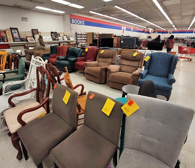 The furniture section resembles a living room speed-dating event, where recliners and sofas hope you'll take them home for a long-term relationship.