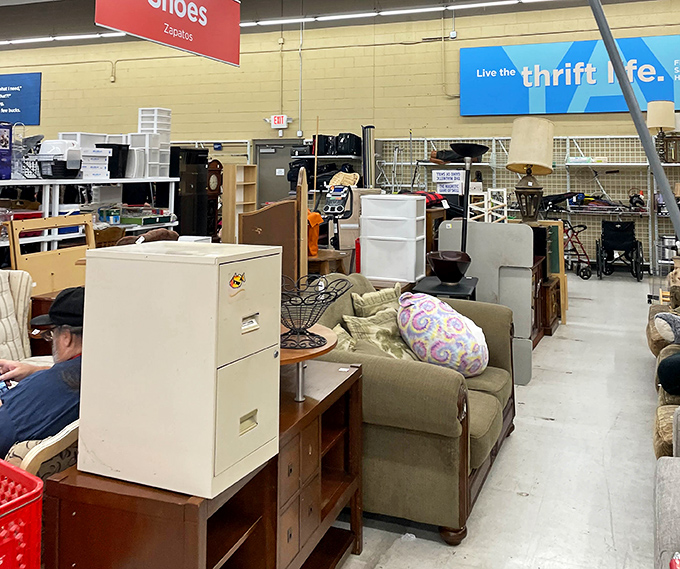 The furniture section: where that perfect mid-century side table you've been dreaming about is hiding between office chairs and vintage lamps.