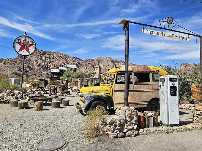 "Fill 'er up!" This Texaco station hasn't served a customer in decades, but the vintage yellow truck still looks ready for one last delivery.