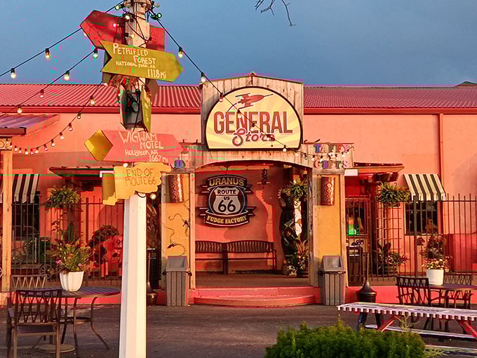 The General Store entrance glows with that magical sunset light that makes even the silliest roadside stop feel like an American treasure.