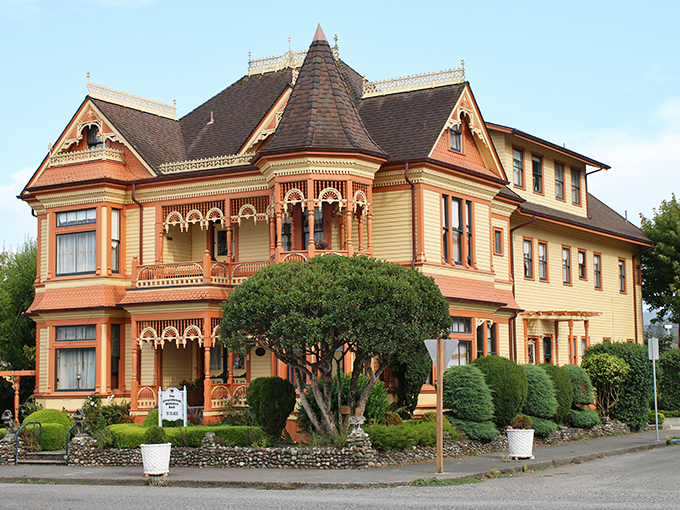 The Gingerbread Mansion looks like it was baked rather than built, a confection of Victorian architecture that makes modern hotels seem positively boring.