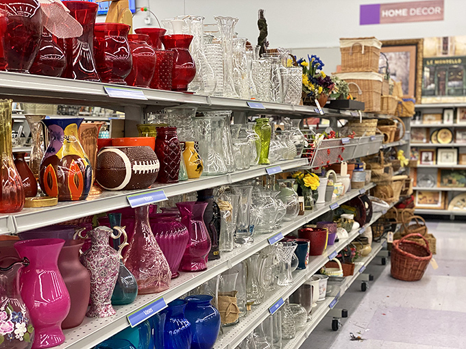 The glassware section sparkles with potential, from ruby red vases to crystal clear decanters worthy of a Mad Men set.