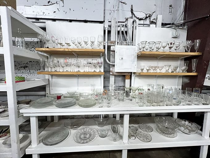 Crystal and glassware gleam under the lights, ready to elevate your next dinner party without elevating your credit card bill.