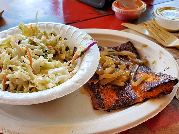 Blackened mahi-mahi that's seen just enough heat to get interesting, paired with slaw that cuts through the richness perfectly.