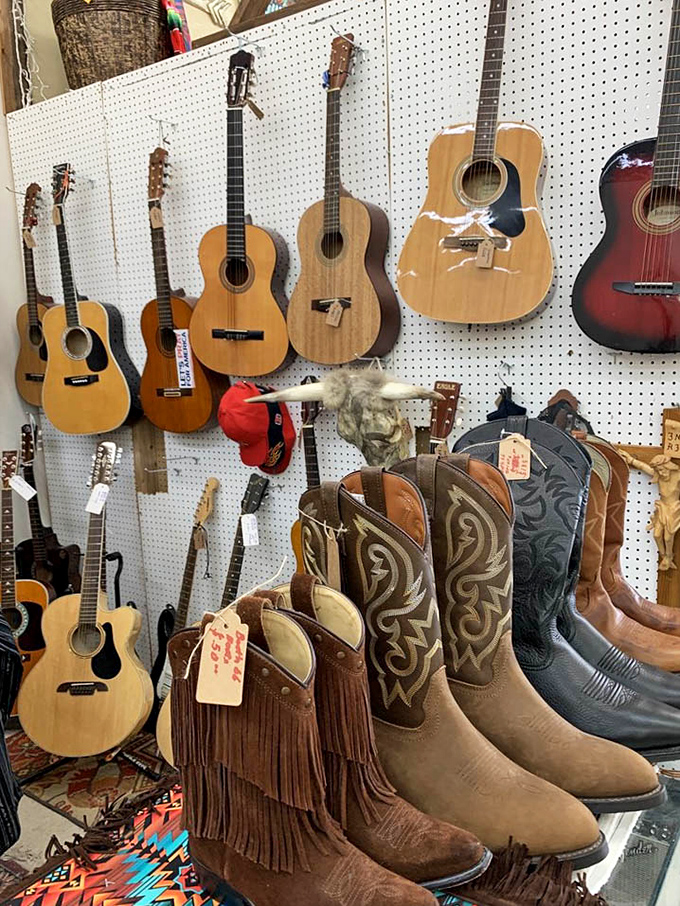 Western heritage hangs in harmony&mdash;guitars that have strummed countless campfire songs alongside boots that have kicked up authentic New Mexico dust.