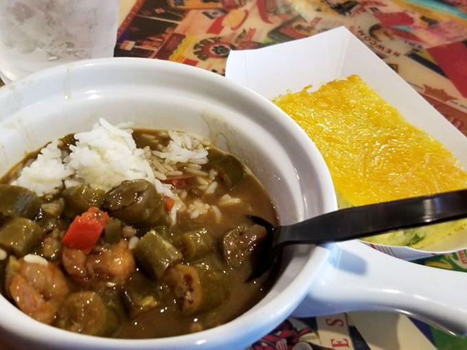 A bowl of gumbo that tells stories with each spoonful &ndash; dark, mysterious, and loaded with okra, shrimp, and what looks like a lifetime of flavor development.