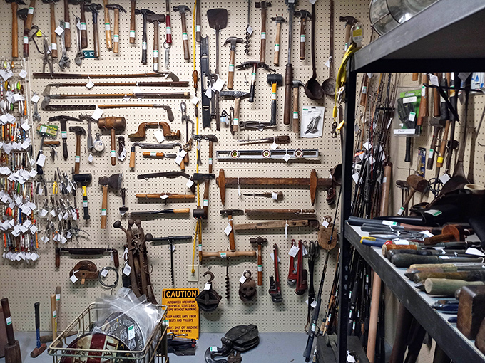 The tool wall that would make Tim Allen grunt with approval. Each hammer and wrench represents craftsmanship from an era when things were built to last.