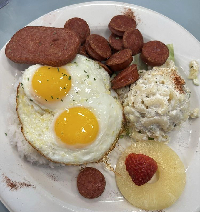 Sunny-side up eggs with Portuguese sausage&mdash;a taste of Hawaii that brings island vibes to the Nevada desert.