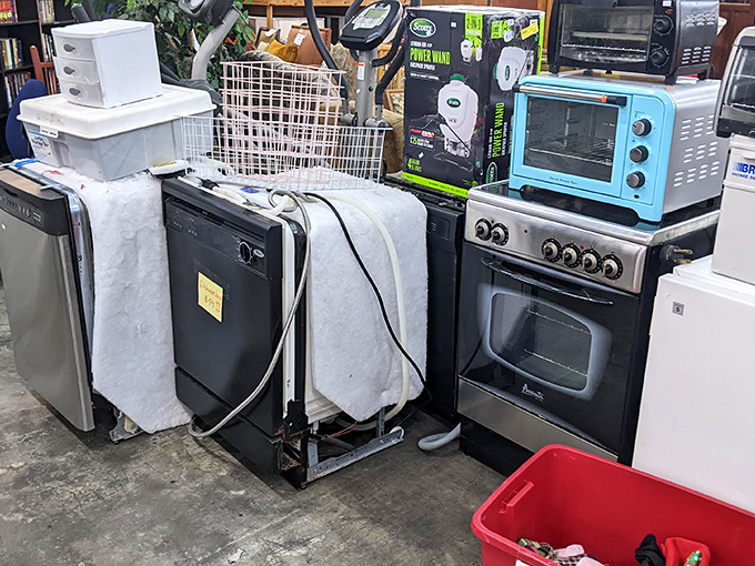 The appliance section: where retro meets practical. That turquoise toaster oven could be the pop of color your kitchen never knew it needed.