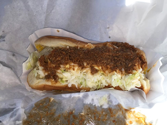 Not just any hot dog—a proper Southern slaw dog with chili that doesn't apologize for its richness. Napkins required, regrets impossible.