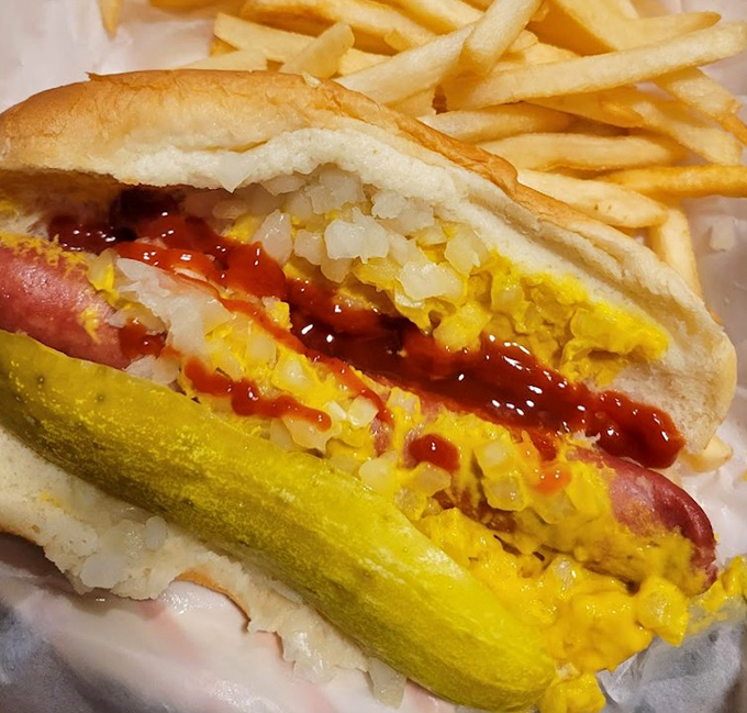 Chicago's idea of a proper hot dog&mdash;dressed to impress with mustard, onions, relish, and pickle. Ketchup? That's a conversation you don't want to start here.