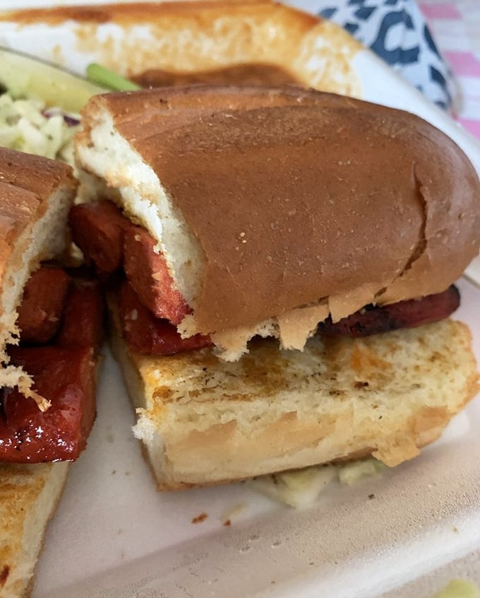 The hot link sandwich with its perfectly toasted bread. A spicy, smoky affair that demands your full attention.