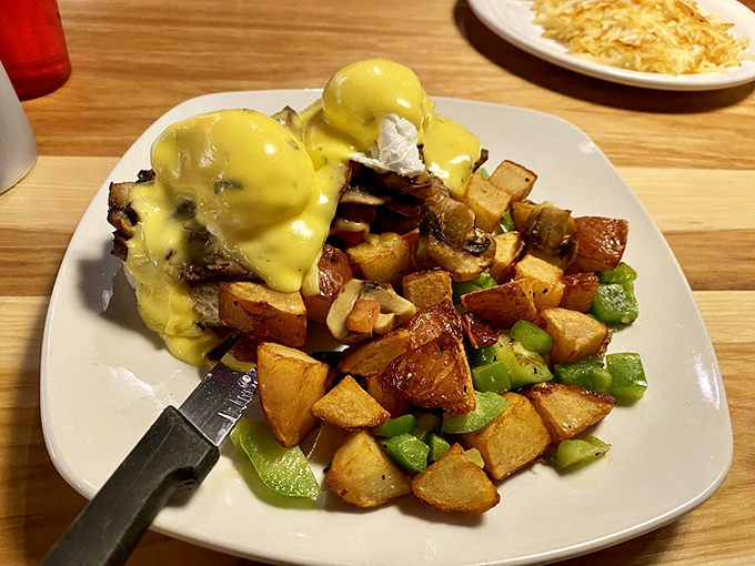Eggs Benedict gets the Western treatment &ndash; crispy potatoes, hollandaise, and a view that reminds you you're in mountain country.