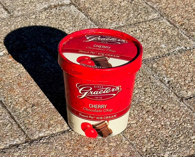 The portable happiness container&mdash;Graeter's Cherry Chocolate Chip pint brings Ohio's finest frozen treasure to your freezer door.