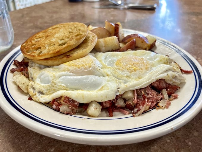 The classic Irish breakfast gets the Miss Worcester treatment &ndash; crispy hash, eggs with perfect sunny centers, and pancakes that make you forget you're not in Dublin.