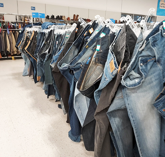 The denim district: where jeans of every wash and vintage hang like blue stalactites in a cave of casual fashion possibilities.