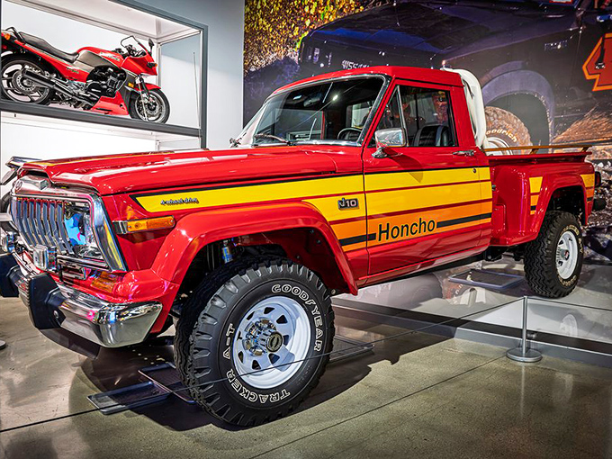 The Jeep Honcho pickup combines rugged capability with that fantastic 70s sunset color scheme. It's like driving a Burt Reynolds movie poster!