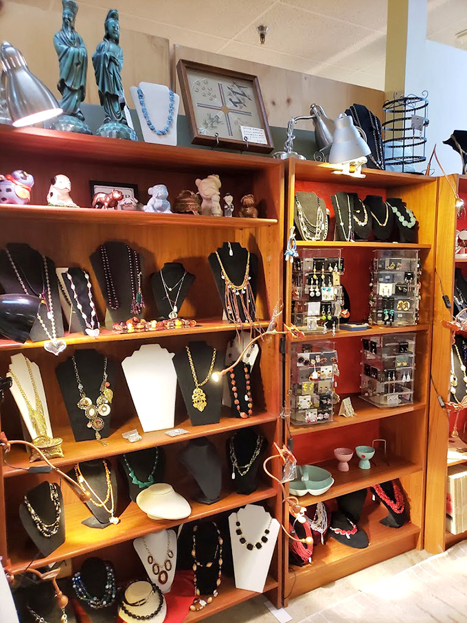 "Jewelry displays that would make Elizabeth Taylor nod in approval. Vintage necklaces and brooches just waiting for their second act."