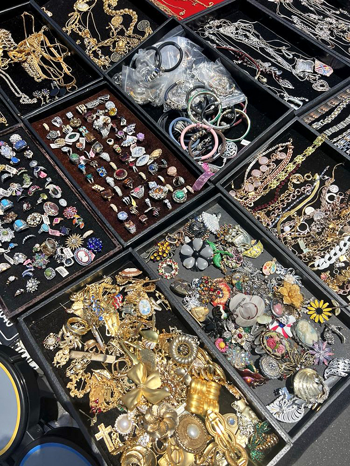 Treasure boxes of vintage jewelry where someone's forgotten costume pieces become your found heirlooms. The thrill of the hunt in compartmentalized form.
