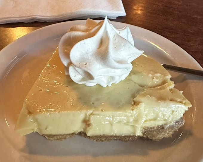 A slice of cheesecake that demands your full attention. That dollop of whipped cream isn't just garnish&mdash;it's the perfect cloud-like companion to creamy perfection.