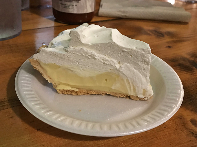 A slice of key lime pie that strikes the perfect balance between tart and sweet, topped with a cloud of whipped cream that's practically begging for a close-up.