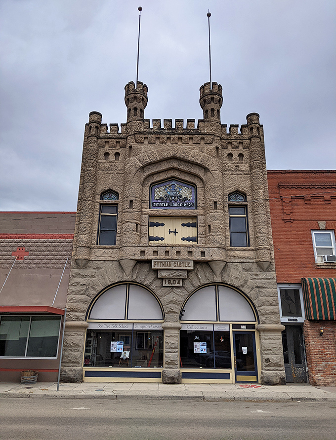 The Knights of Pythias Lodge Hall looks like it was plucked straight from a medieval fantasy—if medieval castles had storefronts.