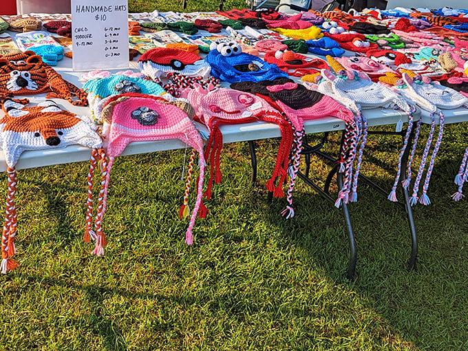 Handmade hats in rainbow colors prove someone's grandmother has serious crochet skills and isn't afraid to show them off.