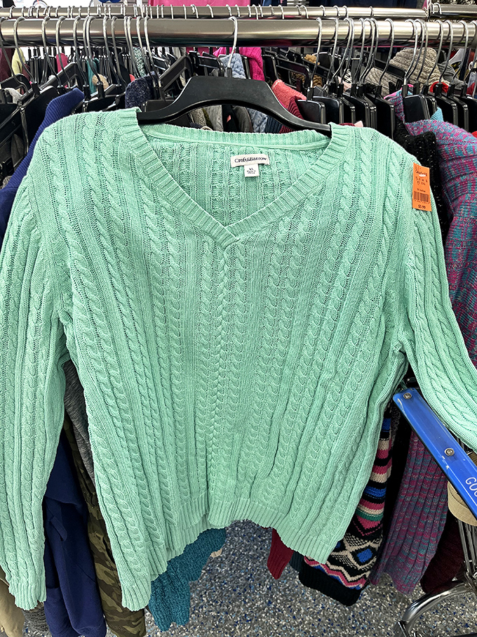 This mint-green cable-knit sweater isn't just clothing&mdash;it's someone's future favorite thing they'll claim "was only five bucks!"