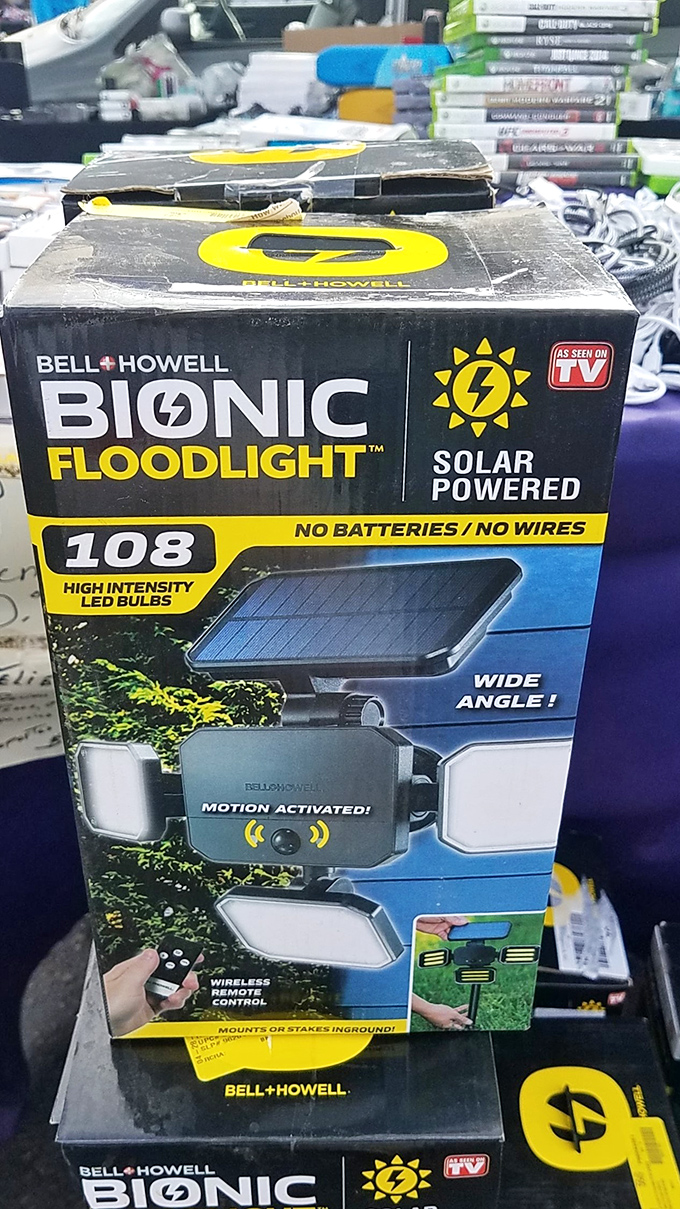 As seen on TV and now seen at the swap meet! This solar-powered floodlight promises to illuminate your yard with the power of 108 tiny suns.