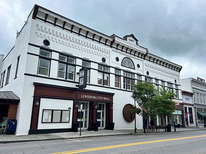 Lewisburg City Hall's pristine white façade and elegant detailing showcase the town's commitment to preserving its architectural heritage.