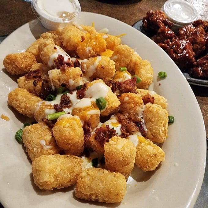 Loaded tater tots: where bar food meets culinary genius. Golden, crispy nuggets smothered in toppings that transform a childhood favorite into grown-up indulgence.