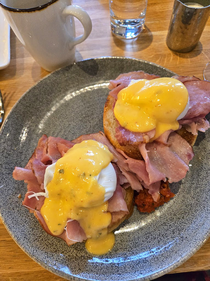 Eggs Benedict gets the VIP treatment with ham that's clearly living its best life. Hollandaise sauce applied with surgical precision.