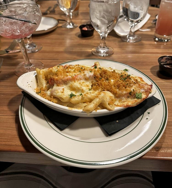 Mac and cheese for grown-ups: a bubbling cauldron of pasta embraced by molten cheese and crowned with a golden breadcrumb halo.
