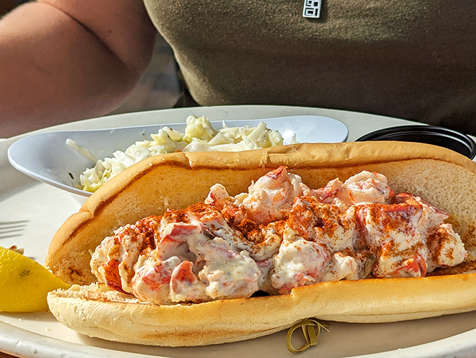 Lobster roll perfection: chunks of sweet meat barely contained by a toasted bun &ndash; like ocean treasure presented on a breadcrumb pedestal.