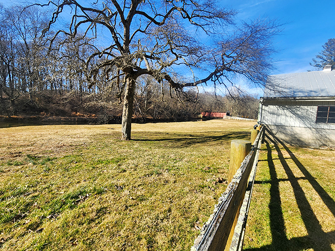 Peering out from inside the bridge offers a portal-like view of the surrounding countryside, framed by historic timber.
