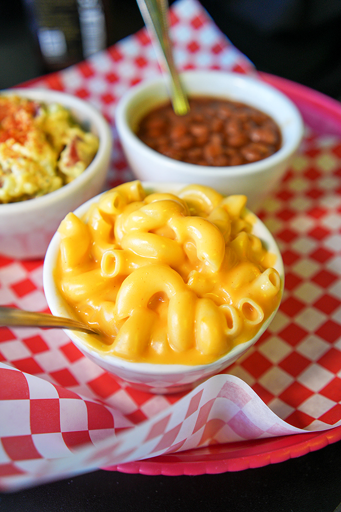 Mac and cheese that achieves that perfect golden hue. This isn't the blue box stuff from your childhood&mdash;this is the grown-up version of your comfort food dreams.