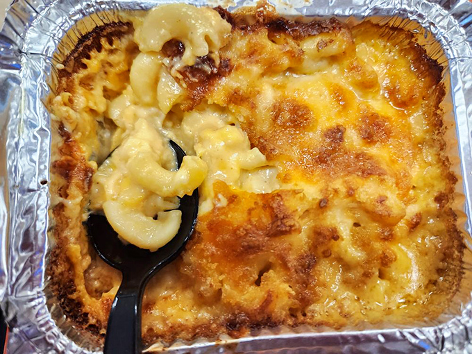 Mac and cheese that's achieved the impossible dream: that perfect crusty top while maintaining creamy, cheesy bliss underneath.