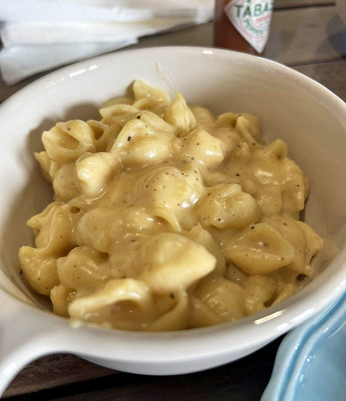 Mac and cheese that doesn't know it's a side dish. Creamy, rich, and speckled with pepper&mdash;comfort food that demands equal billing with the meats.