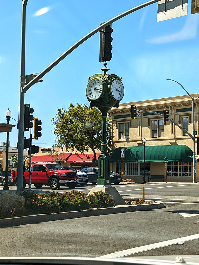 Downtown's vintage clock keeps perfect time in a place where nobody's rushing. Green space and historic buildings create Lompoc's distinctive character.