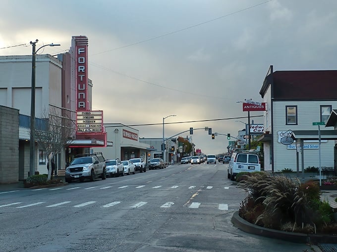 Dusk settles over Fortuna's theater district, where first-run movies cost less than a fancy coffee in San Francisco.